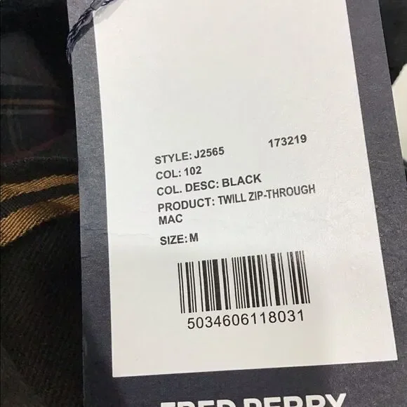 Fred Perry Black Twill Zip-Through Mac Coat New With Tag Size Medium